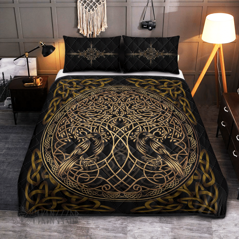 Golden Raven Yggdrasil Art Viking Quilt Set