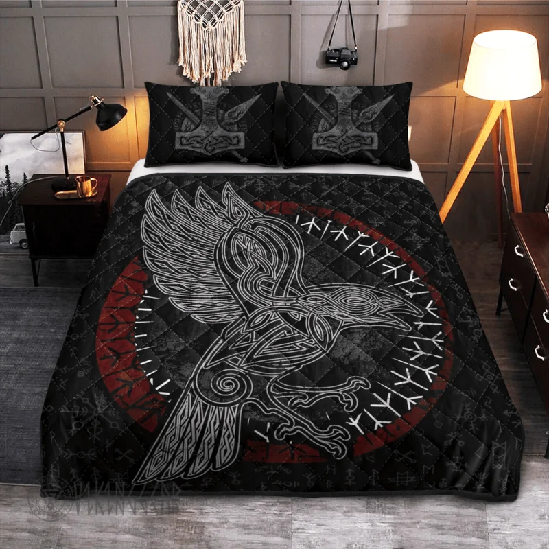 Raven Art And Rune Viking Quilt Set