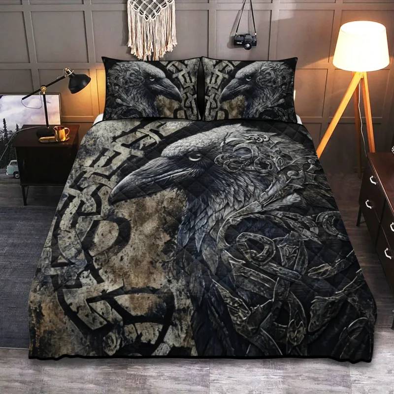 Viking Quilt Bedding Set – Norse Raven Mythic Messenger